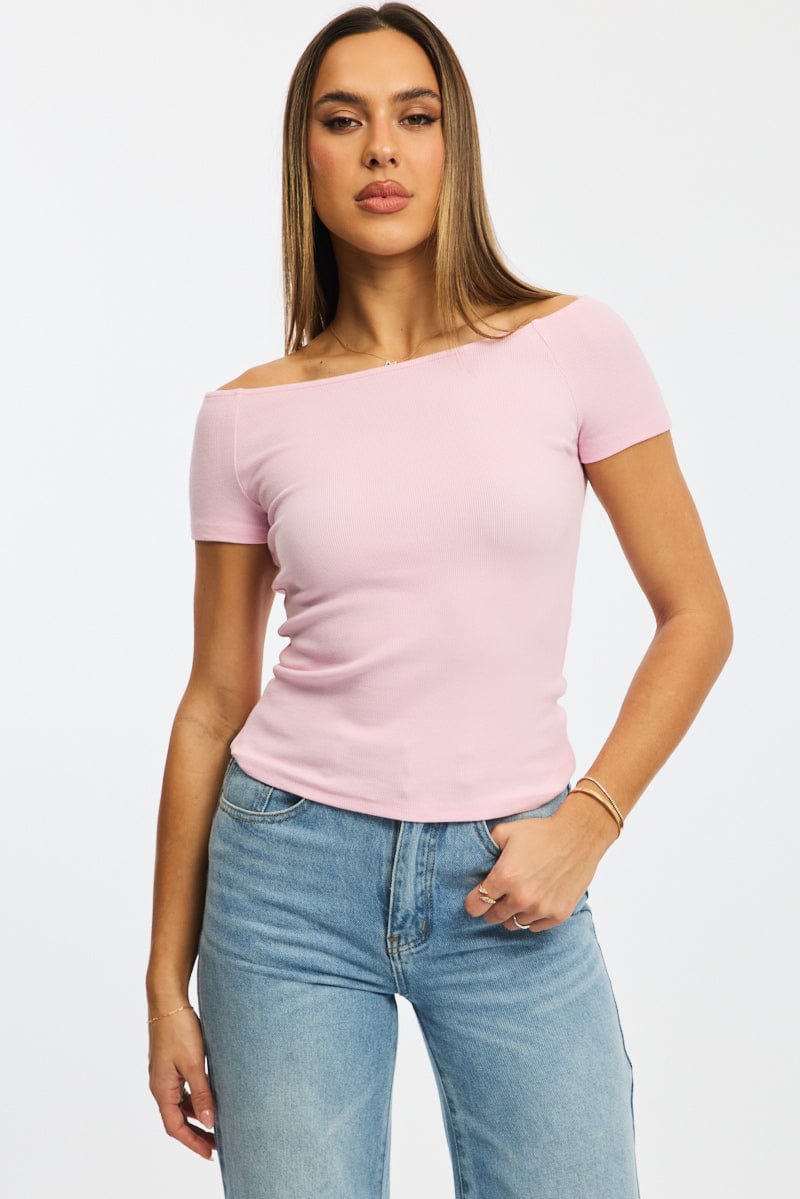 Pink Off Shoulder Top Rib | Ally Fashion