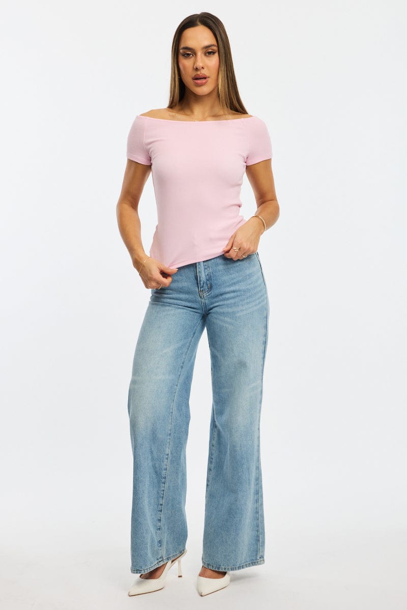 Pink Off Shoulder Top Rib | Ally Fashion