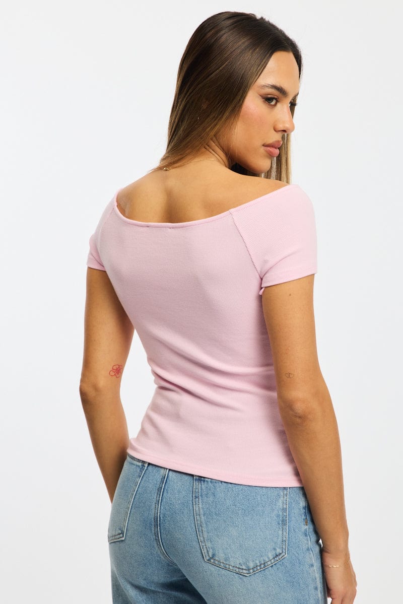 Pink Off Shoulder Top Rib | Ally Fashion