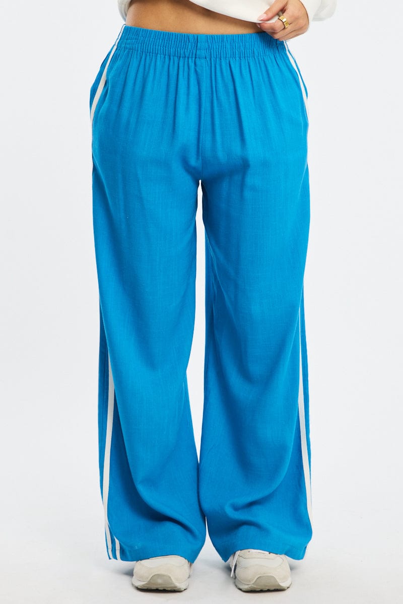 Blue Wide Leg Pants Side Stripe | Ally Fashion