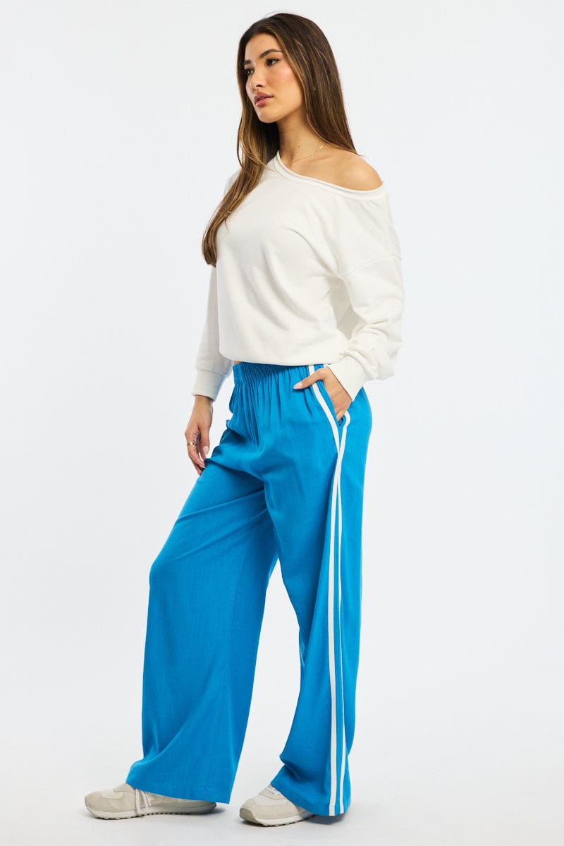 Blue Wide Leg Pants Side Stripe | Ally Fashion