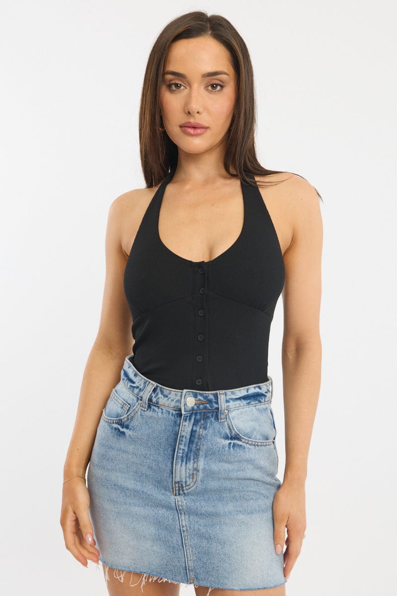 Black Halter Neck Top Button Front Rib | Ally Fashion