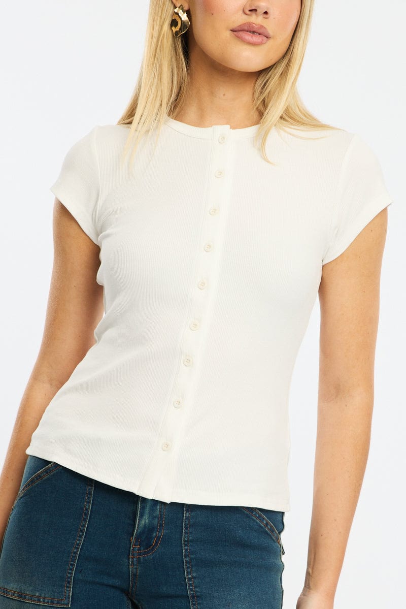 White Button Front Top Short Sleeve | Ally Fashion