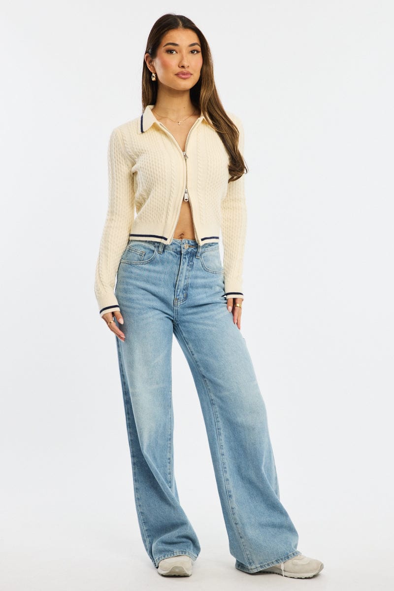 White Knit Jacket Cable Polo Collar Zip-up | Ally Fashion