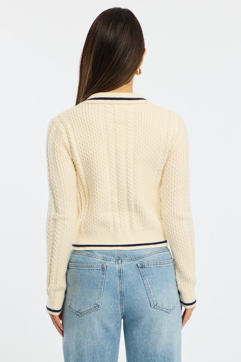 White Knit Jacket Cable Polo Collar Zip-up | Ally Fashion