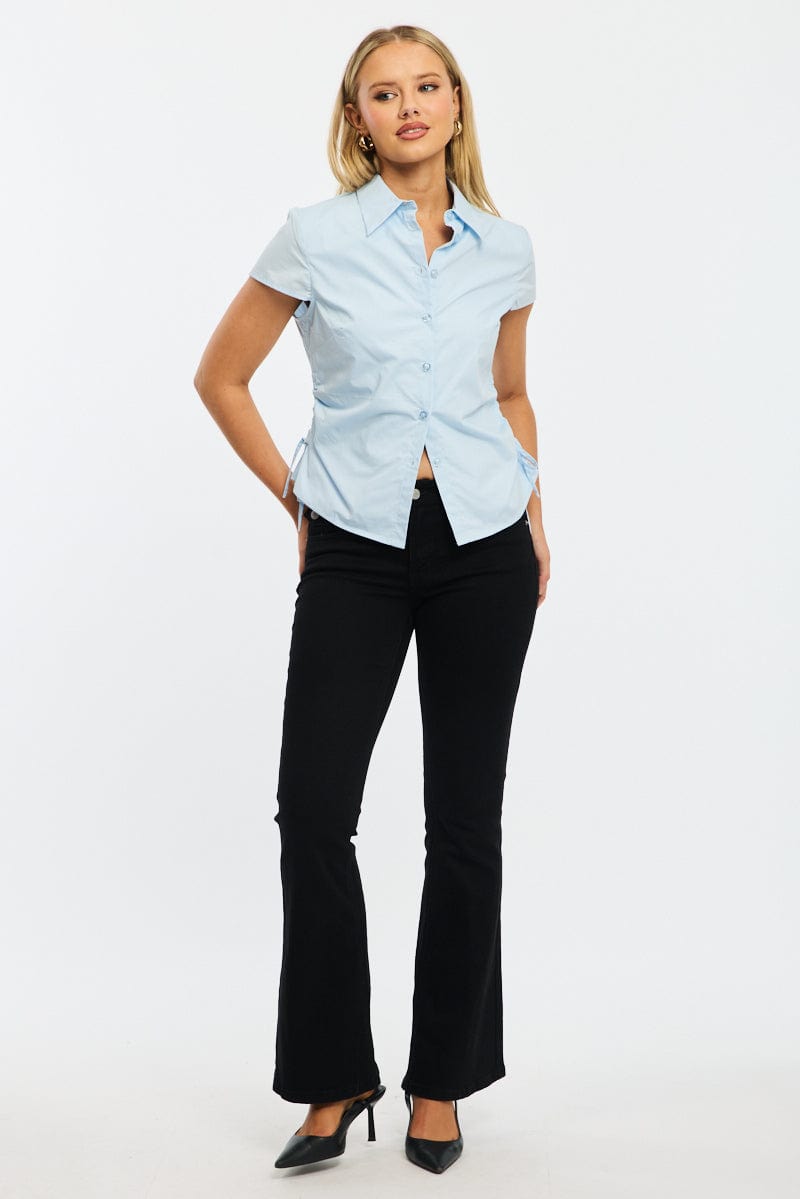 Blue Short Sleeve Shirt Collared Side Ruched Button Up | Ally Fashion