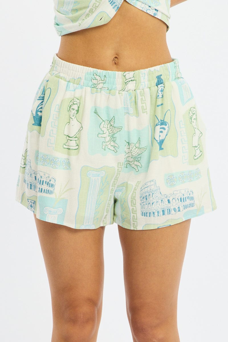 Green Abstract Shorts High Rise | Ally Fashion