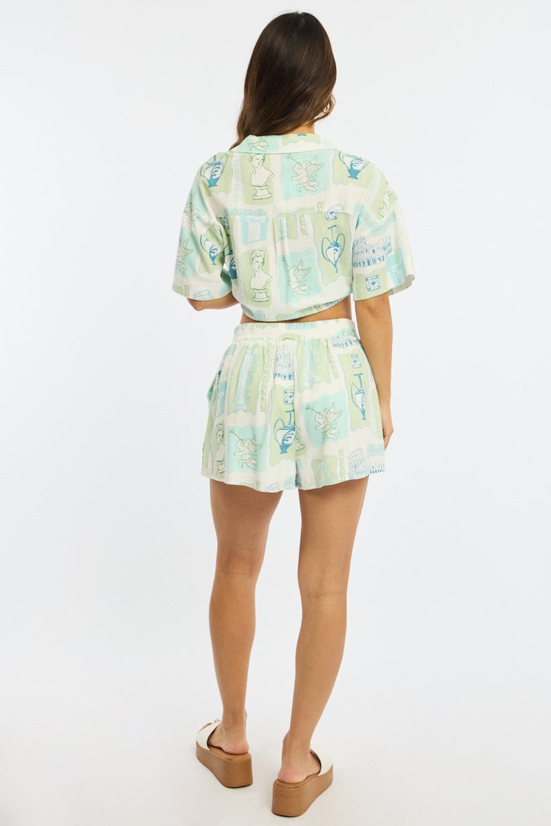 Green Abstract Shorts High Rise | Ally Fashion