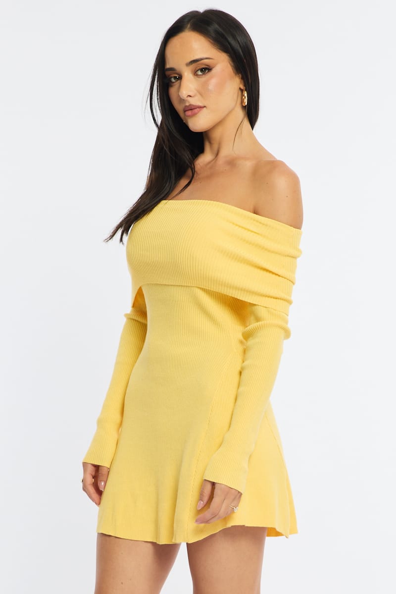 Yellow Knit Dress Long Sleeve Off Shoulder | Ally Fashion