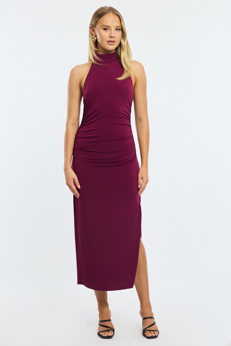 Red Bodycon Dress High Neck Side Ruched | Ally Fashion
