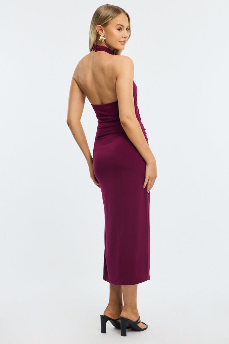 Red Bodycon Dress High Neck Side Ruched | Ally Fashion