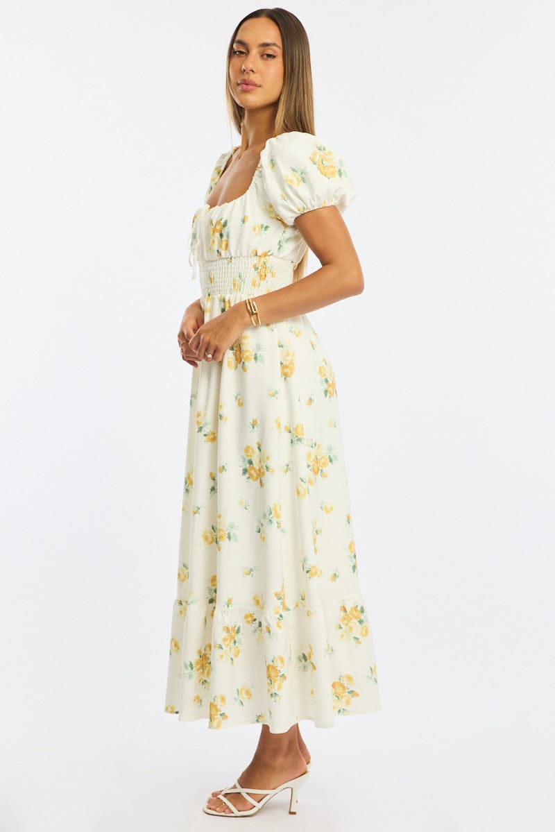 Yellow Floral Maxi Dress Puff Sleeve | Ally Fashion