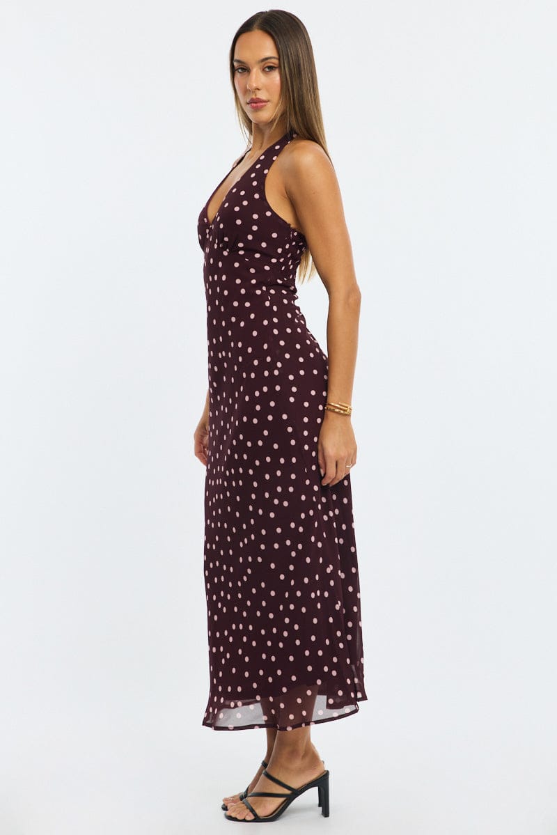 Red Polka Dot Midi Dress Halter Neck | Ally Fashion