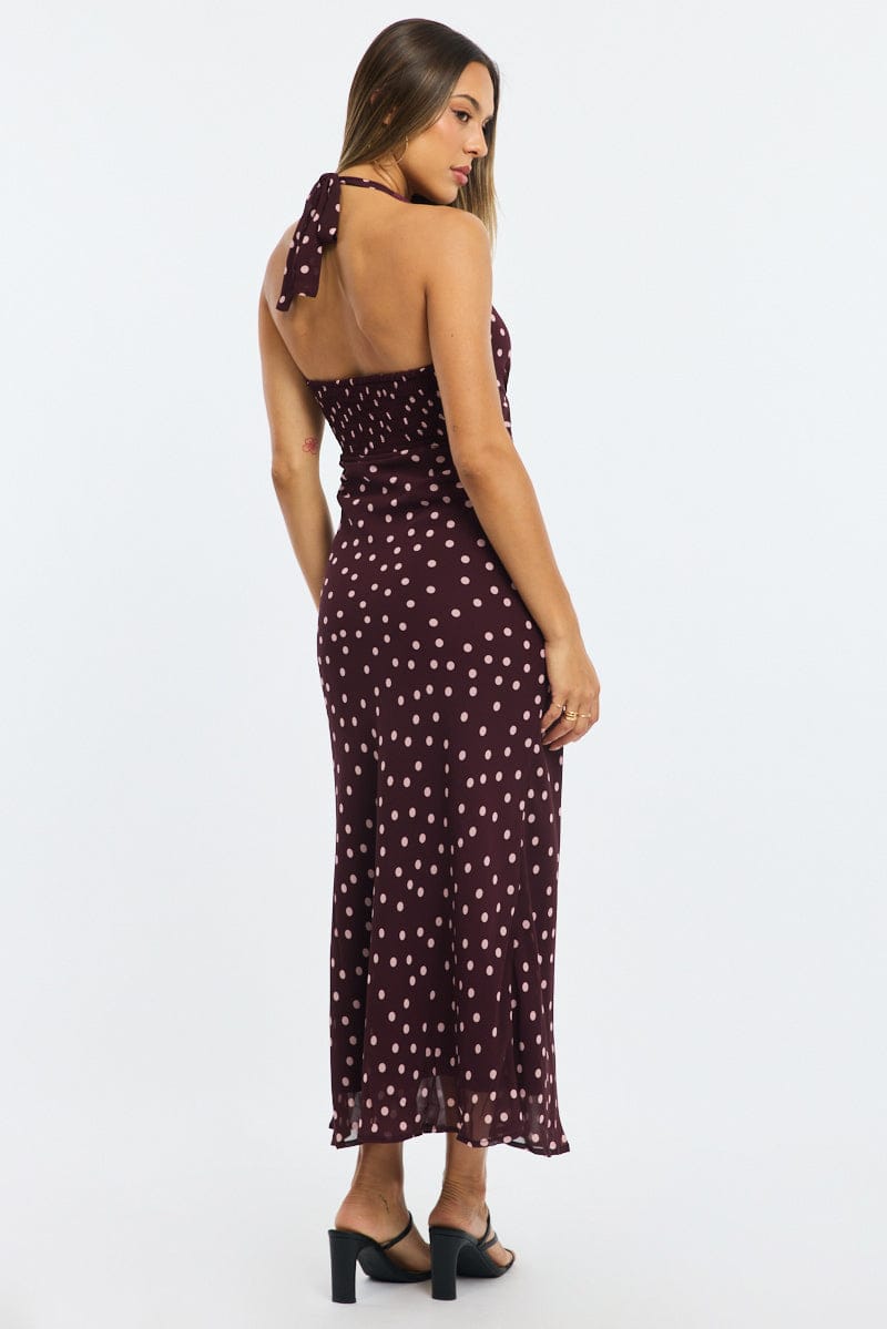 Red Polka Dot Midi Dress Halter Neck | Ally Fashion