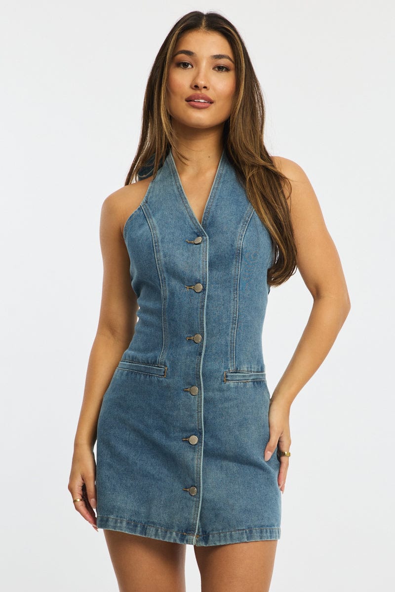 Blue Mini Dress Button Down Halter Neck | Ally Fashion
