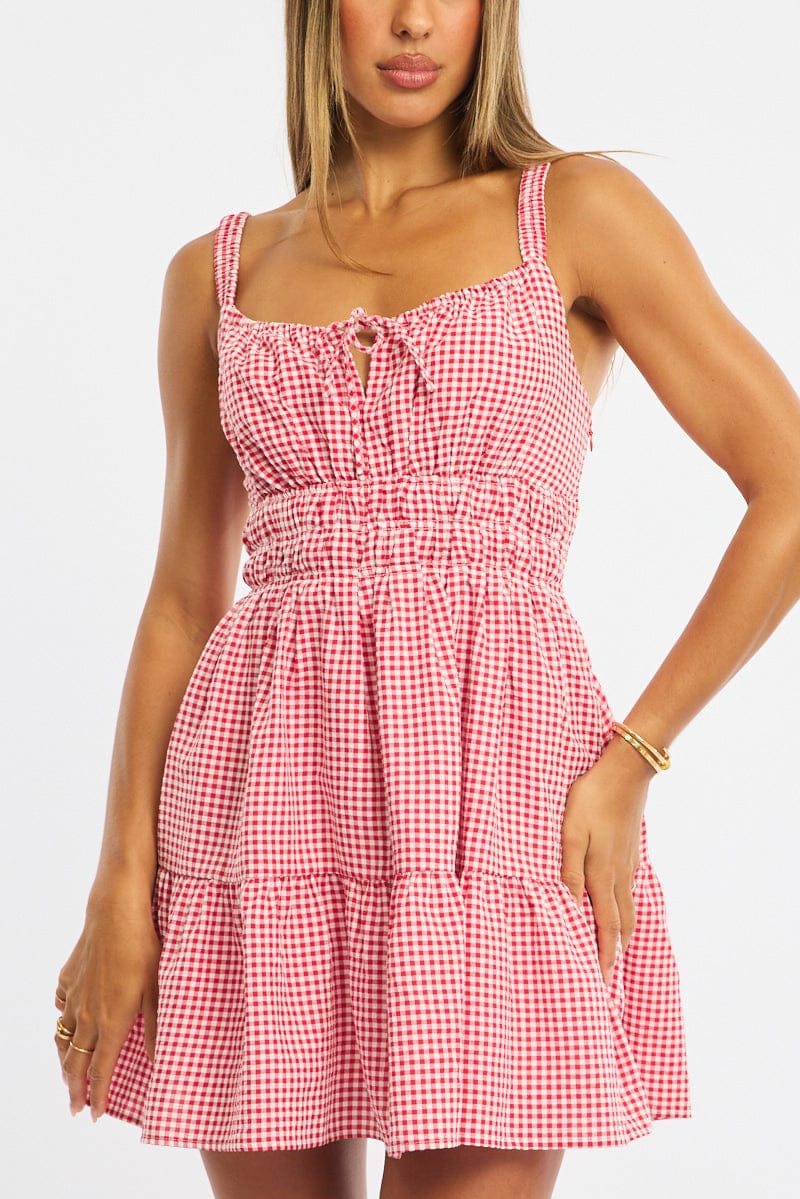 Red Check Fit And Flare Dress Mini | Ally Fashion