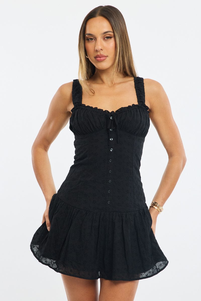 Black Mini Dress Eyelet Fabric | Ally Fashion