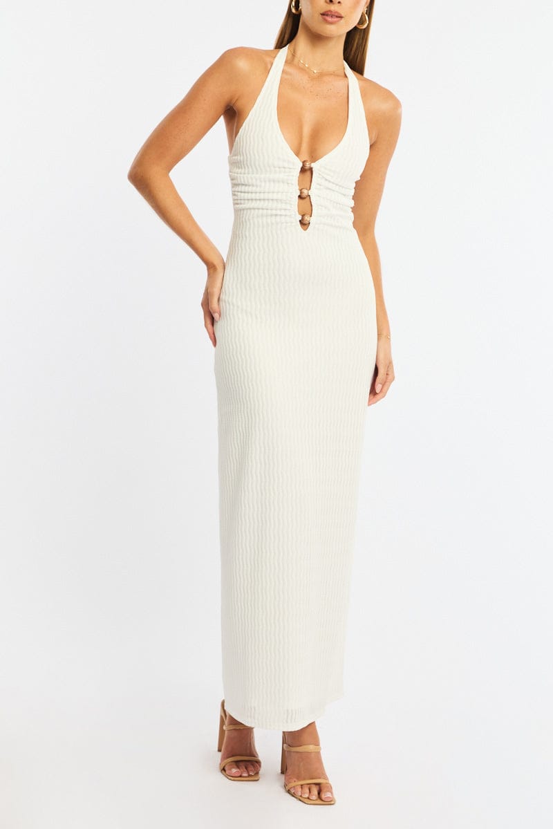White Maxi Dress Beading Trim Textured Fabric | Ally Fashion