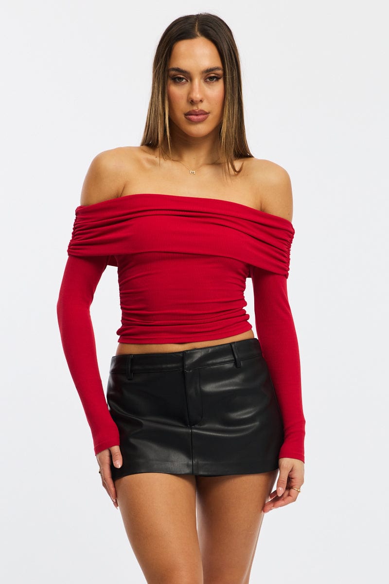 Red Off Shoulder Top Side Ruched Long Sleeve | Ally Fashion