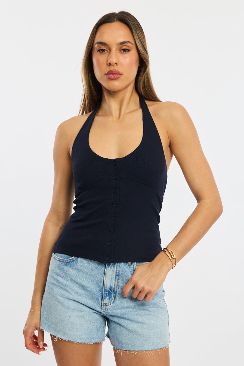 Blue Halter Neck Top Button Front Rib | Ally Fashion