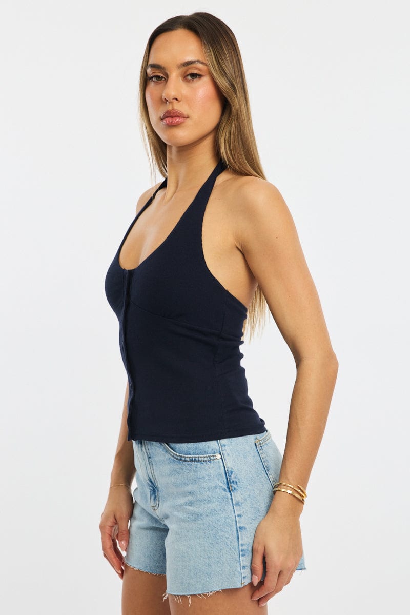 Blue Halter Neck Top Button Front Rib | Ally Fashion