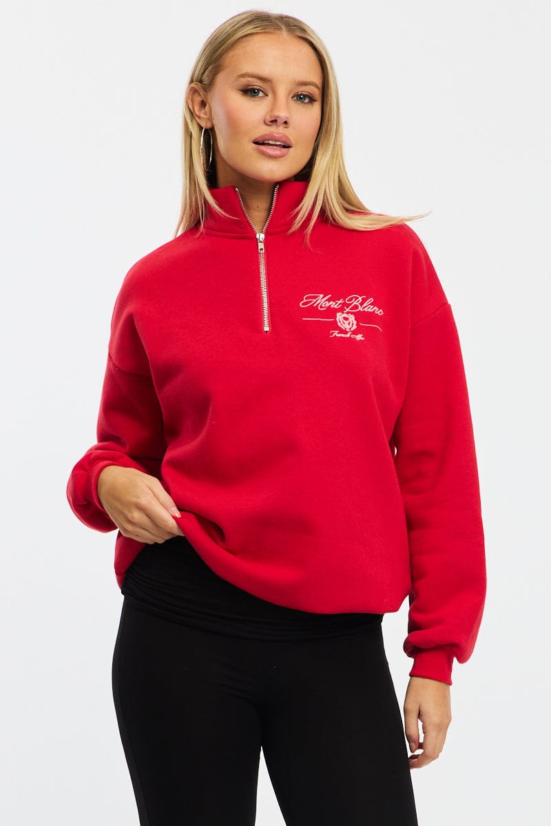 Red Zip Neck Sweater Oversized | Ally Fashion