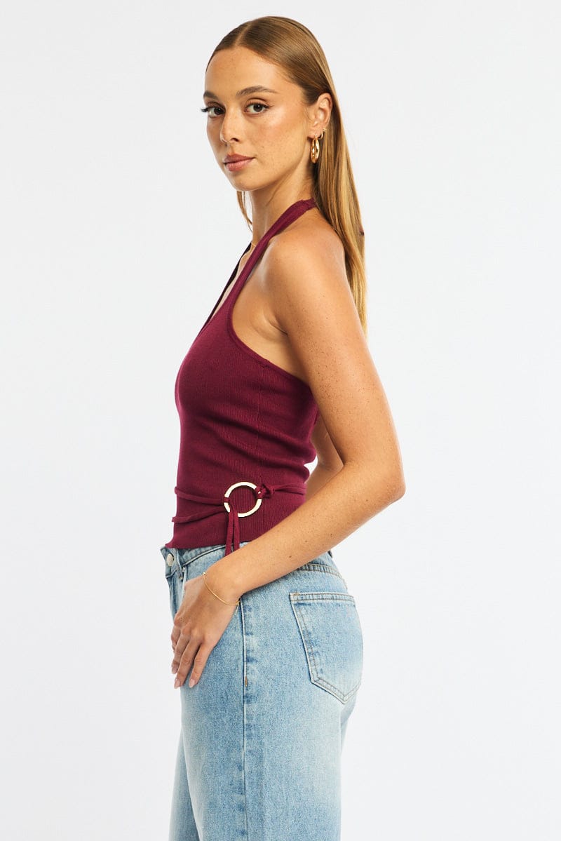 Red Halter Knit Top Buckled Waist | Ally Fashion