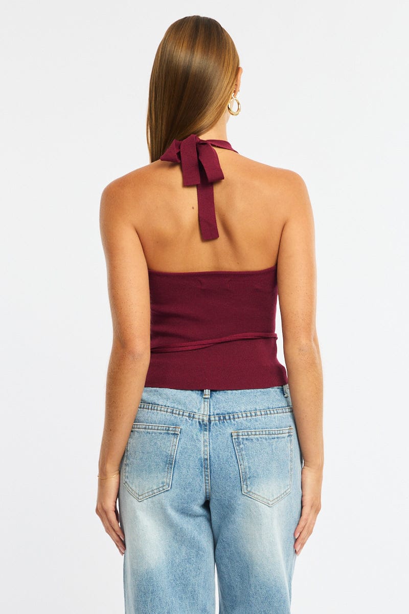 Red Halter Knit Top Buckled Waist | Ally Fashion