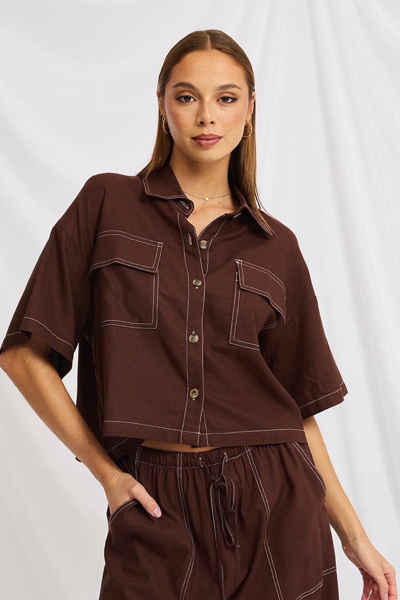 Brown Outpocket Jacket Short Sleeve | Ally Fashion