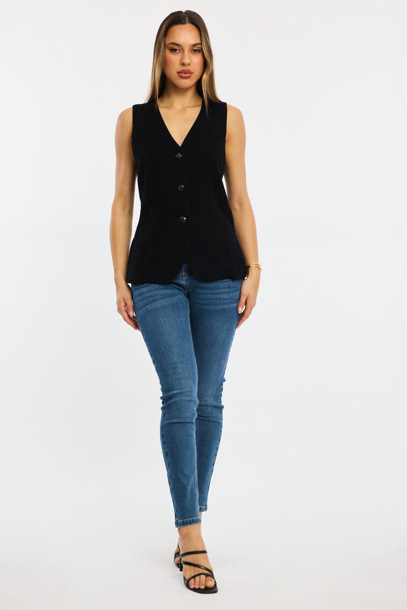 Black Linen Vest Longline V-neck | Ally Fashion
