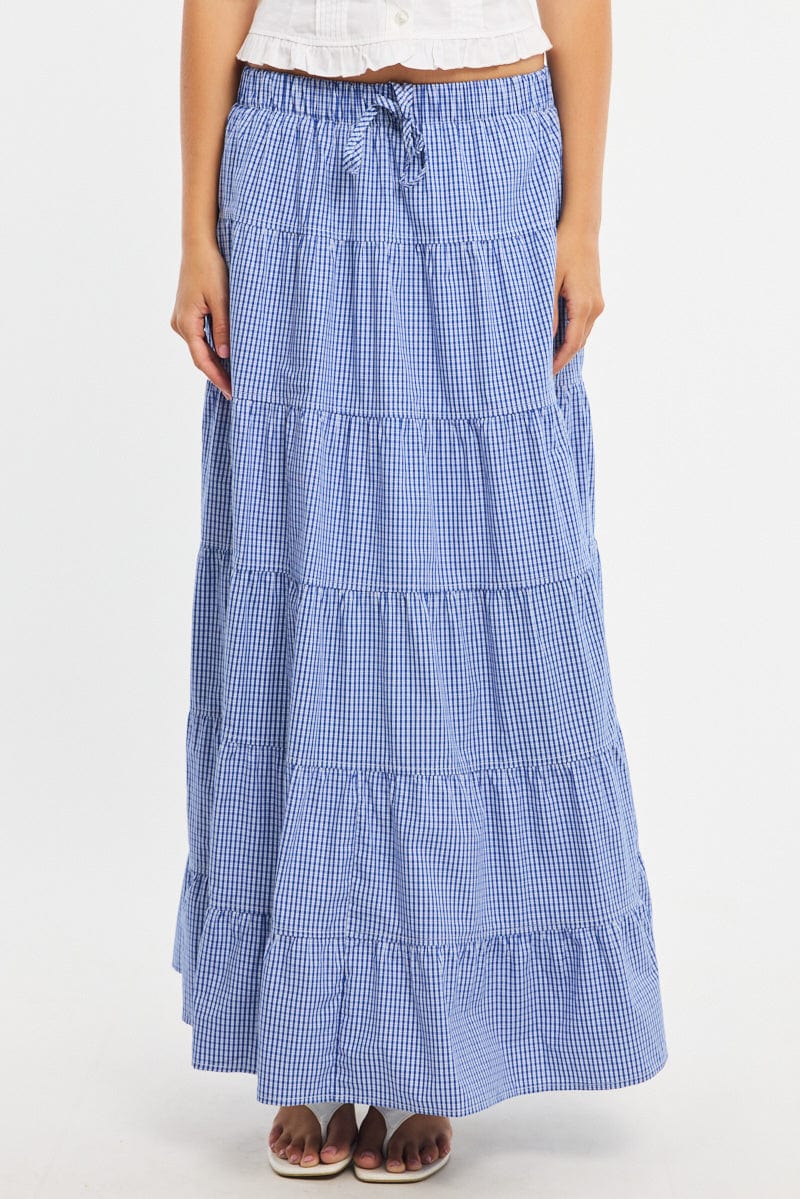Blue Check Maxi Skirt Tiered High Rise Linen Blend | Ally Fashion