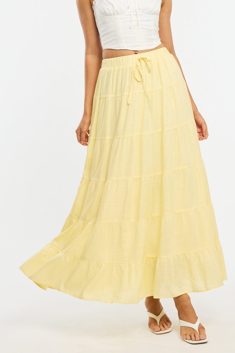 Yellow Maxi Skirt Tiered High Rise Linen Blend | Ally Fashion