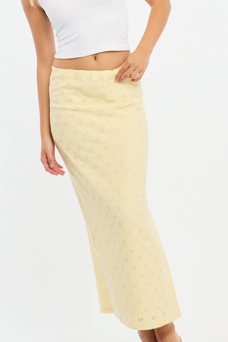 Yellow Midaxi Skirt Elastic Waisthigh Rise Stretch Eyelet | Ally Fashion