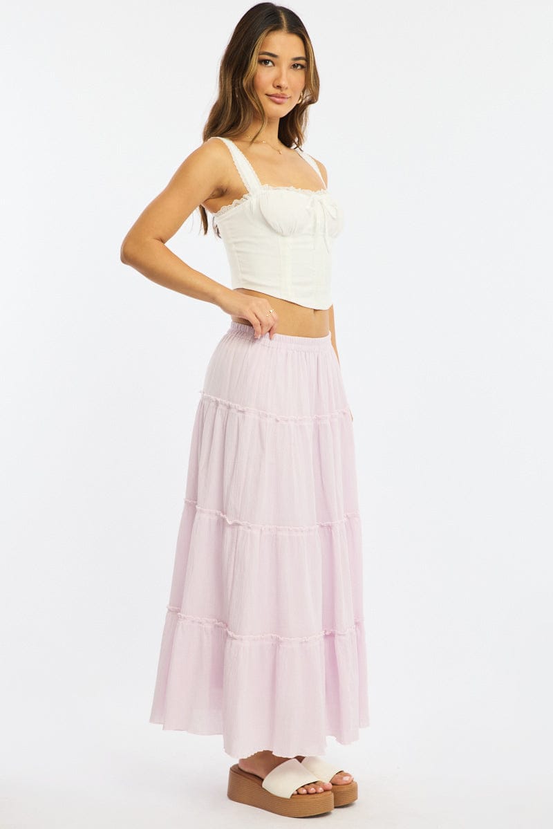Pink Midi Skirt Tiered High Rise Lined Textured Cotton | Ally Fashion