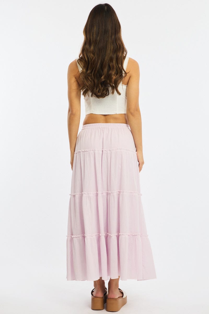Pink Midi Skirt Tiered High Rise Lined Textured Cotton | Ally Fashion