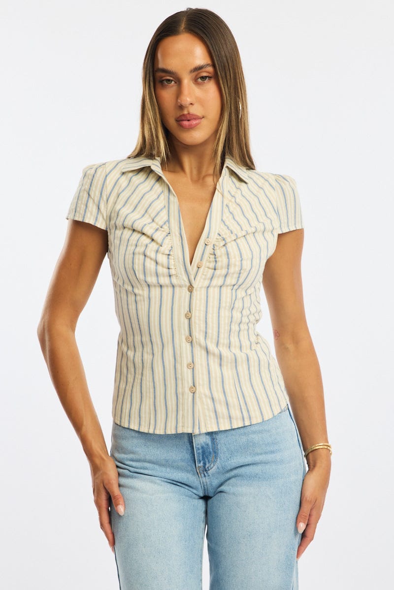 Yellow Stripe Button Up Shirt Short Sleeve Collared Tie Back | Ally Fashion