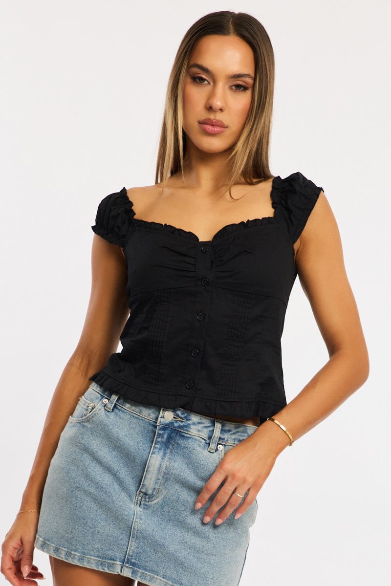 Black Top Short Sleeve Gathered Bust Pleated Detail | Ally Fashion
