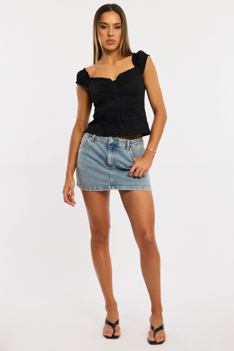 Black Top Short Sleeve Gathered Bust Pleated Detail | Ally Fashion