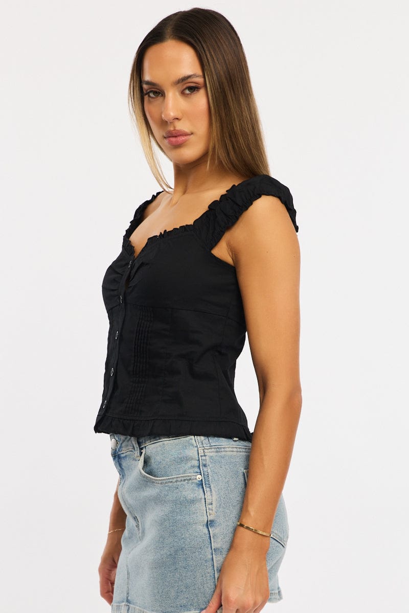 Black Top Short Sleeve Gathered Bust Pleated Detail | Ally Fashion