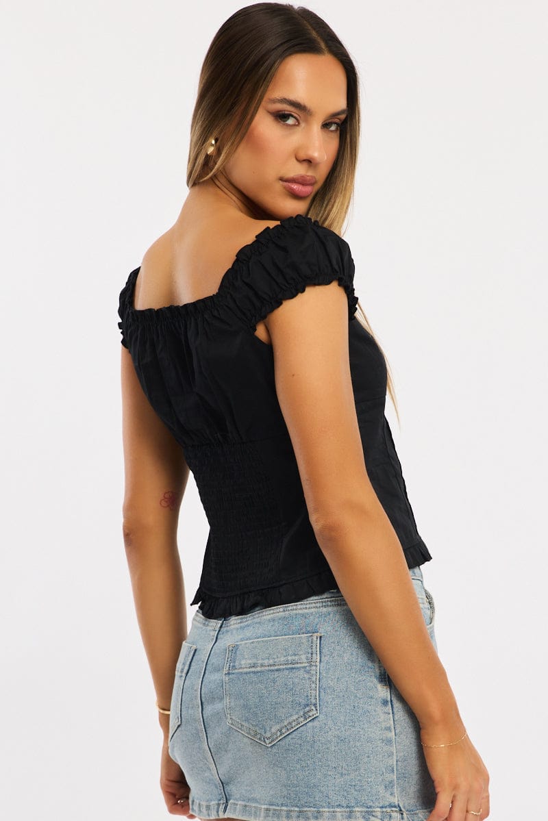 Black Top Short Sleeve Gathered Bust Pleated Detail | Ally Fashion