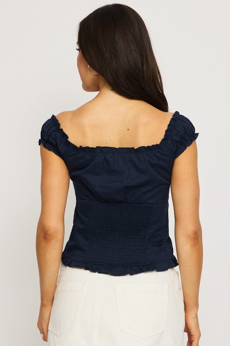 Blue Top Short Sleeve Gathered Bust Pleated Detail | Ally Fashion