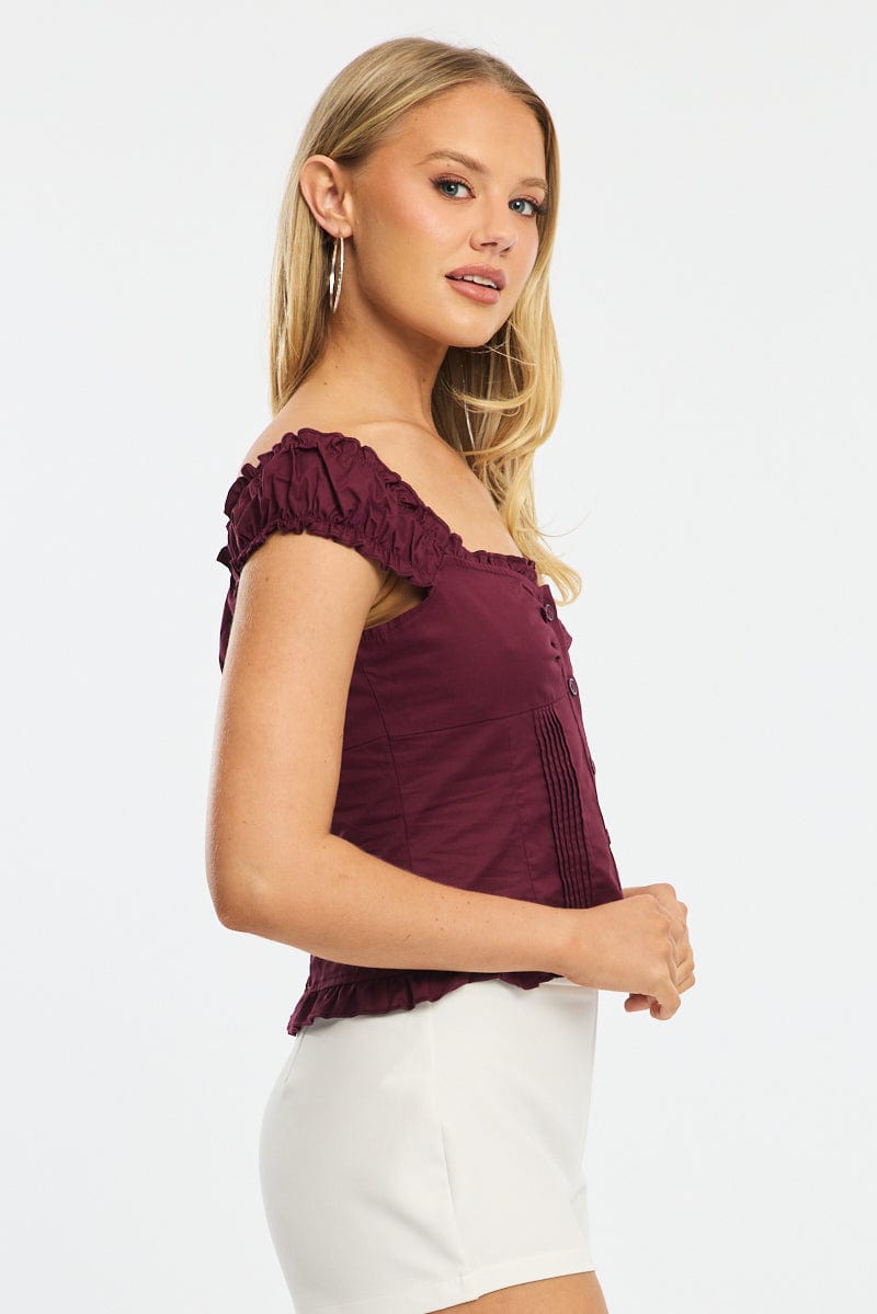 Red Top Short Sleeve Gathered Bust Pleated Detail | Ally Fashion