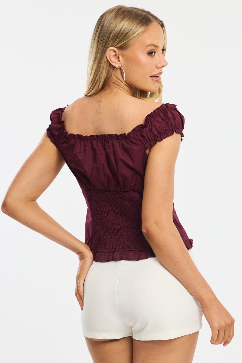 Red Top Short Sleeve Gathered Bust Pleated Detail | Ally Fashion