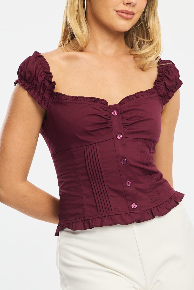 Red Top Short Sleeve Gathered Bust Pleated Detail | Ally Fashion