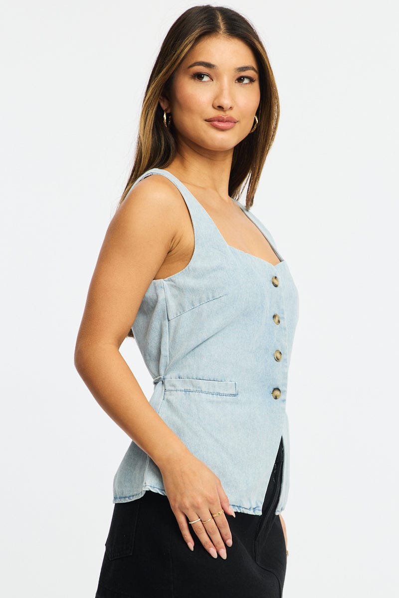 Denim Longline Vest Top Sleeveless Square Neck Denim | Ally Fashion