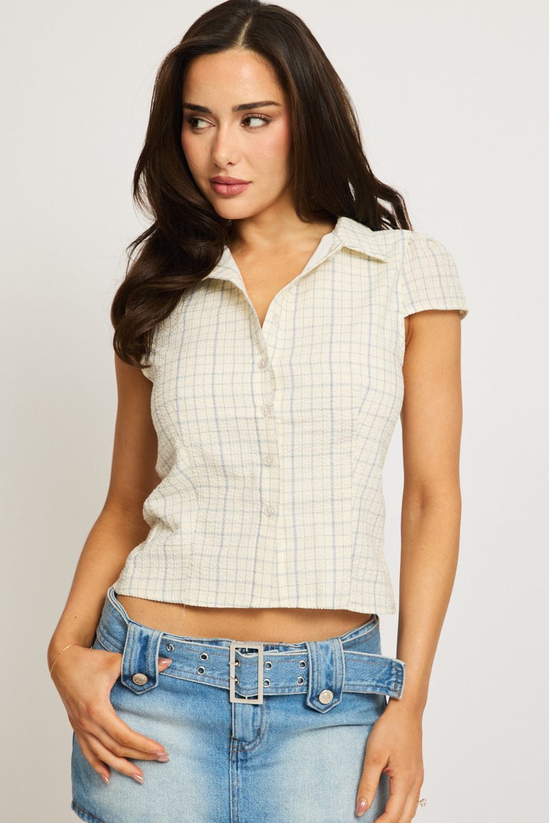 Blue Check Short Sleeve Shirt Collared Button Up Lined | Ally Fashion