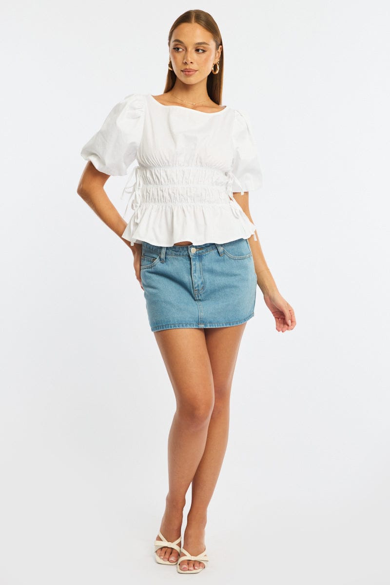 White Gathered Top Boat Neck Short Puff Sleeve | Ally Fashion