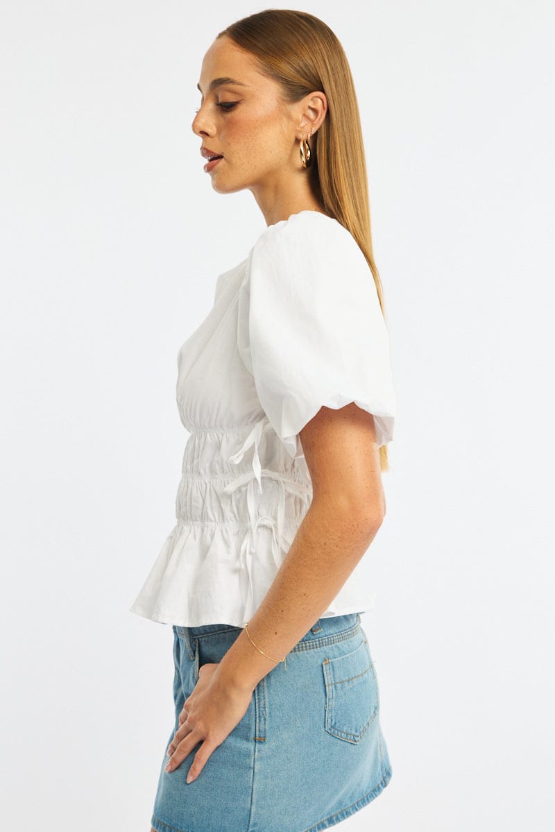 White Gathered Top Boat Neck Short Puff Sleeve | Ally Fashion