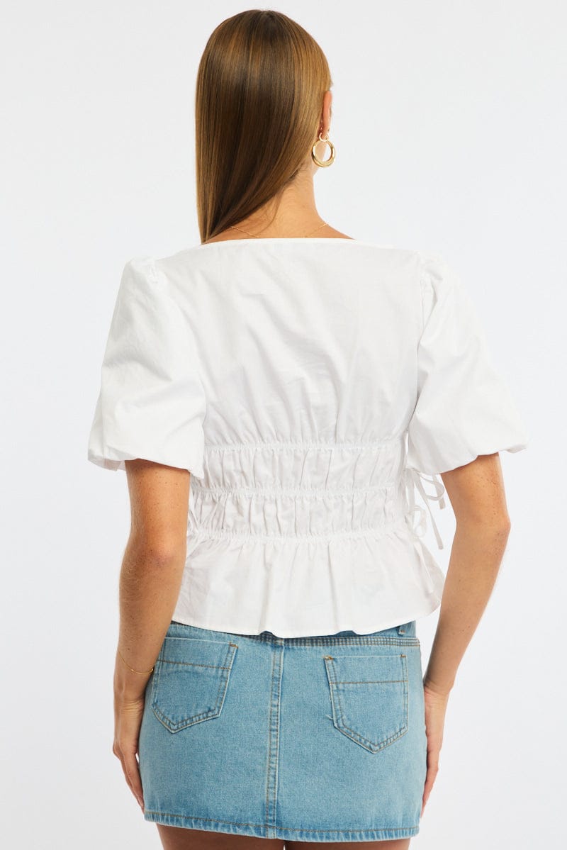 White Gathered Top Boat Neck Short Puff Sleeve | Ally Fashion