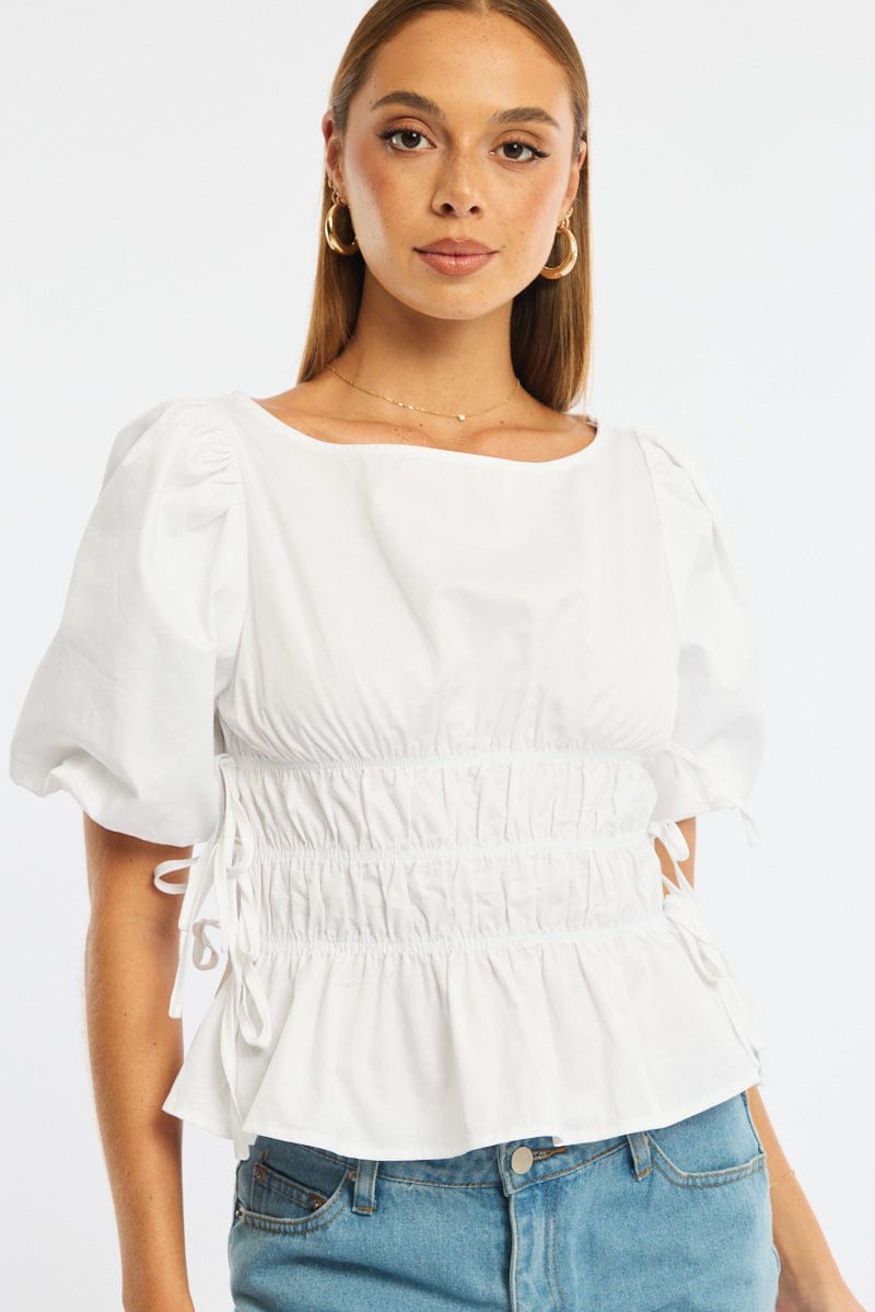 White Gathered Top Boat Neck Short Puff Sleeve | Ally Fashion